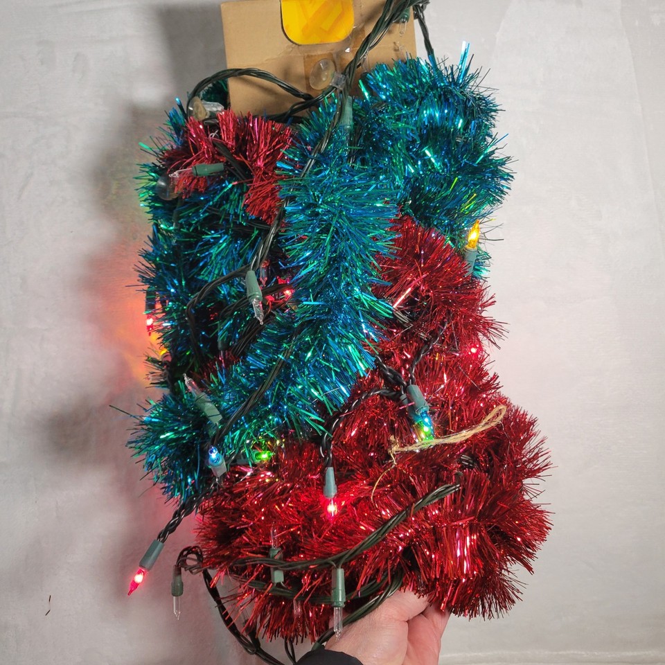 Tinsel Red Garland and Blue Garland with String of lights some working ...
