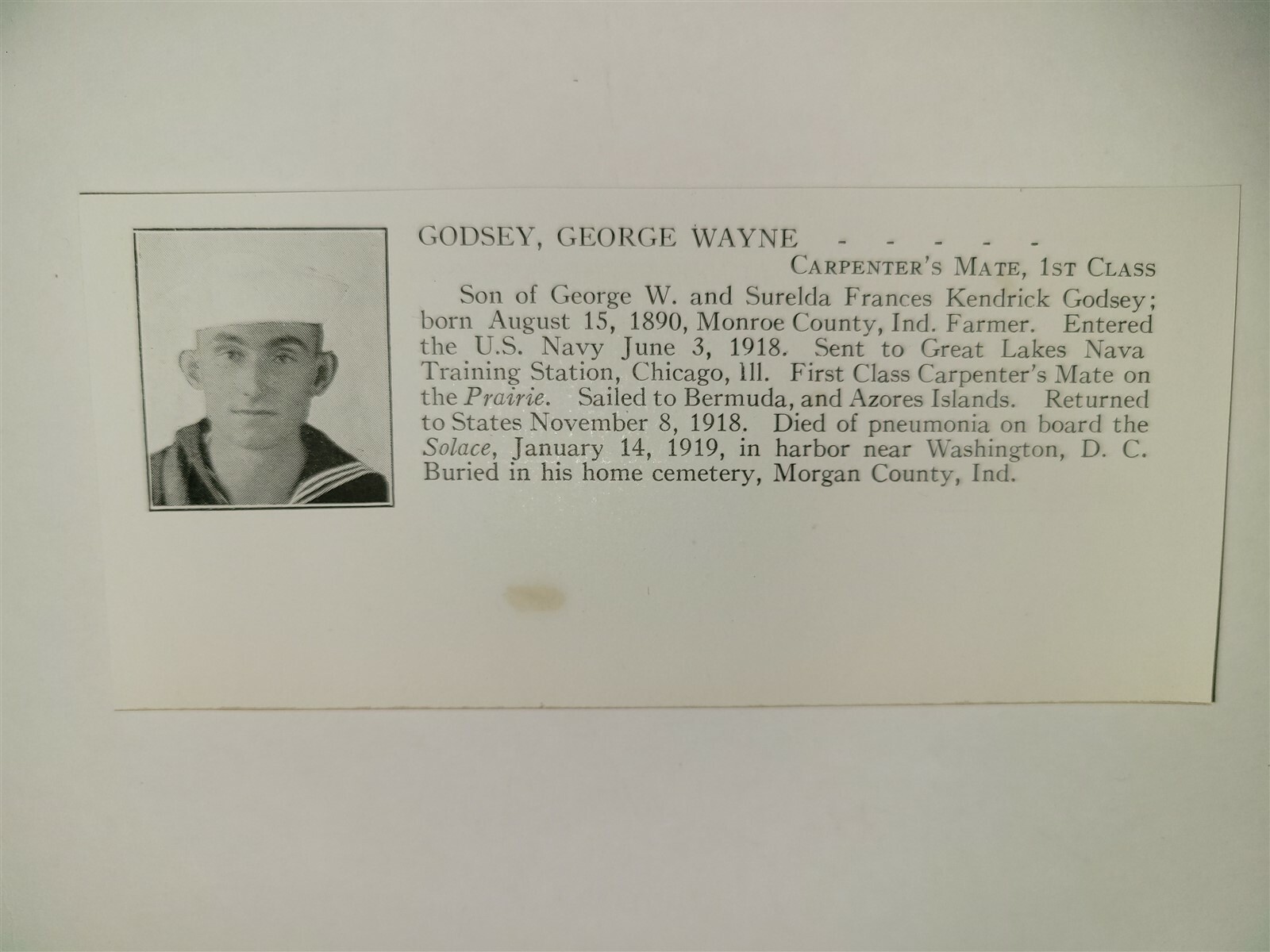 George Godsey Monroe County Indiana USS Prairie USS Solace 1921 WW1 ...
