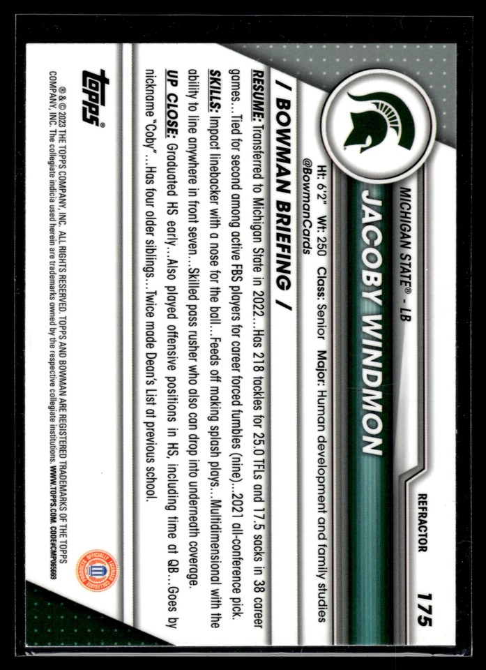 Jacoby Windmon 2023 Bowman University Chrome Refractor Card #175 | eBay