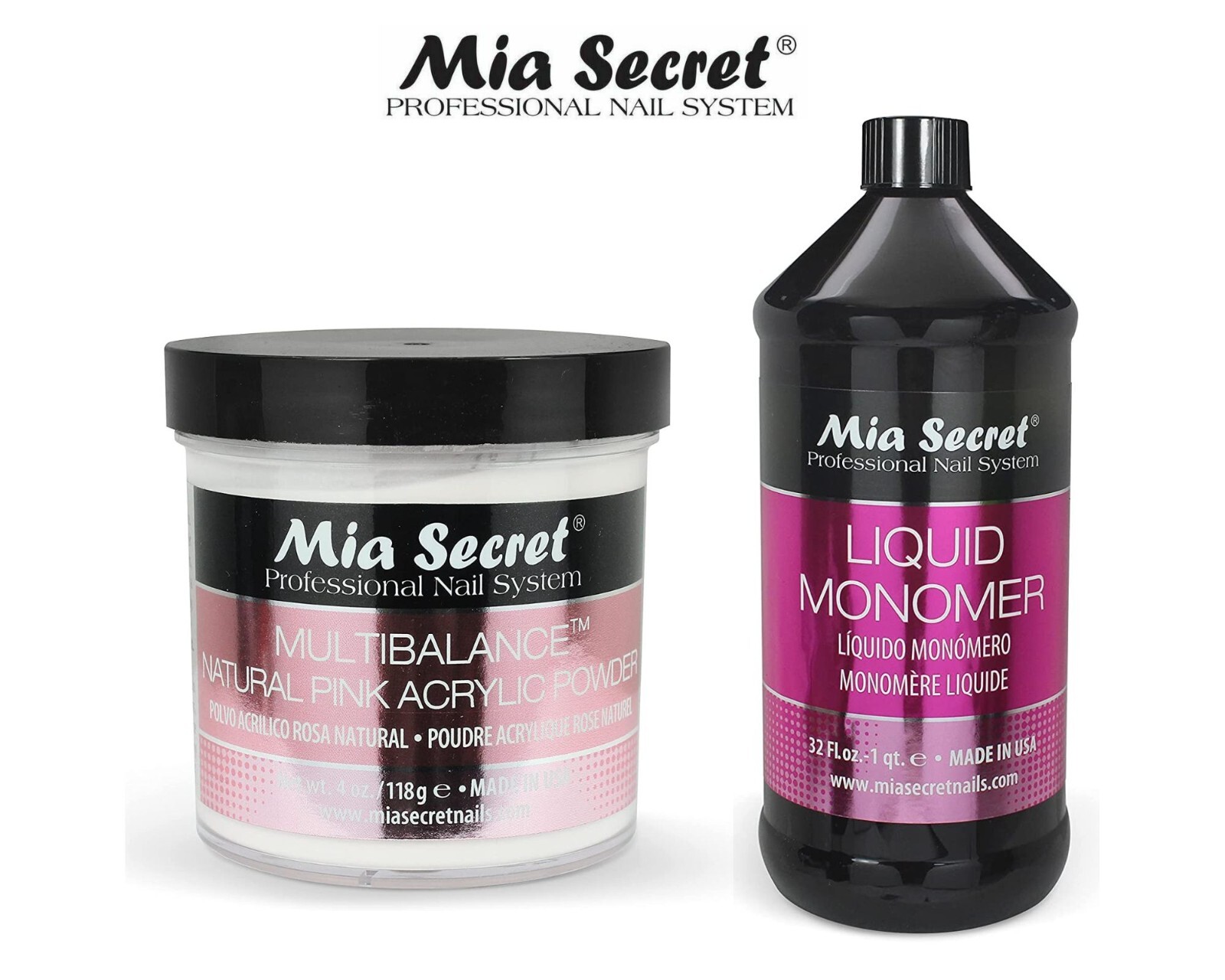 Mia Secret Liquid Monomer 32 oz with NATURAL PINK Acrylic Powder 4 oz ...