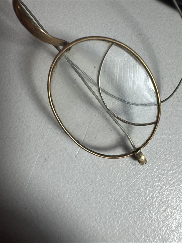Vintage Wire Rim Eyeglasses Gold Tone w/ Case One Lens Missing Antique ...