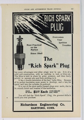 1907 Richardson Engineering Co. Ad: The Rich Spark Plug - Hartford ...