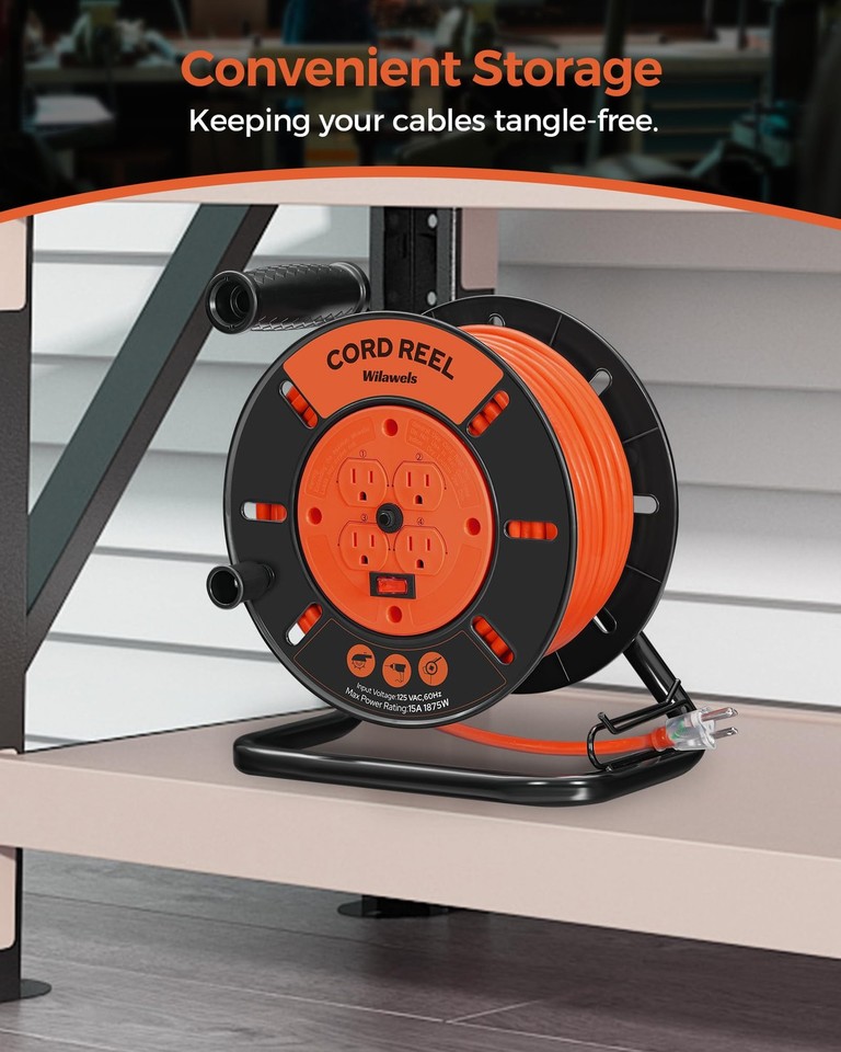 Extension Cord Storage Reel with 4-Grounded Outlets, Heavy Duty Open ...