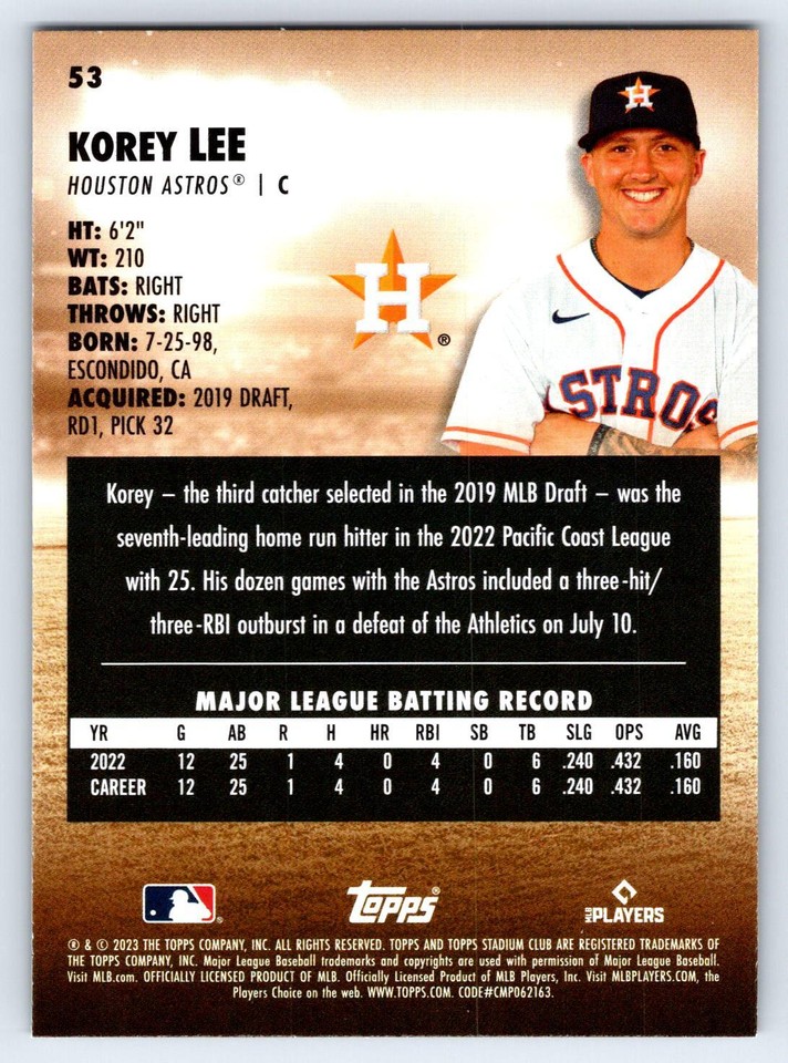 2023 Stadium Club #53 Korey Lee Houston Astros RC BASEBALL Card | eBay