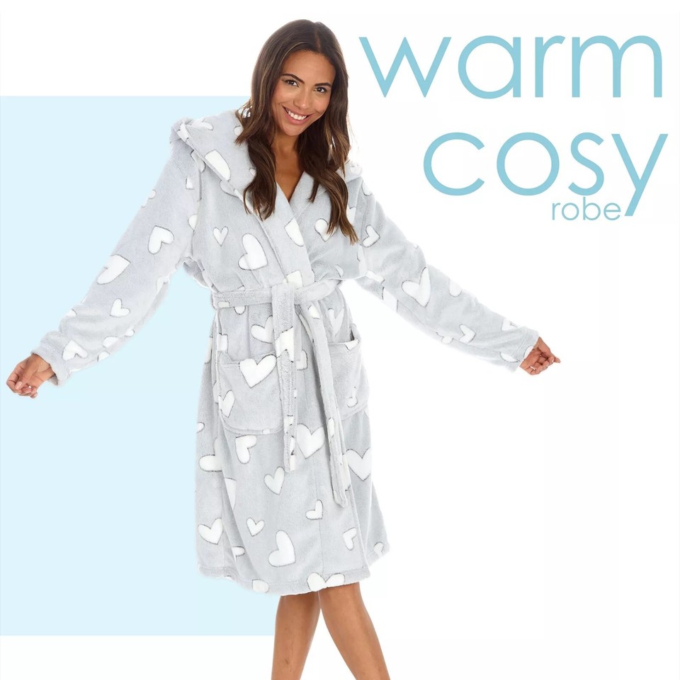 Ladies Dressing Gown Heart Print Robe Plush Fleece Hooded Loungewear S ...