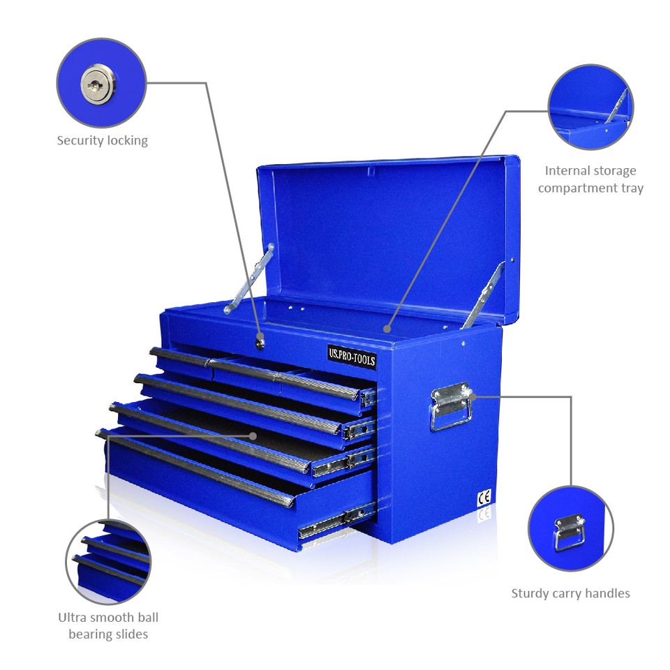 162 US PRO TOOLS BLUE MECHANICS 6 DRAWER TOOL STORAGE CHEST BOX CABINET ...