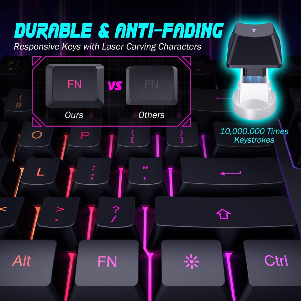Gaming Keyboard, 7-Color Rainbow LED Backlit, 104 Keys Quiet Light Up ...