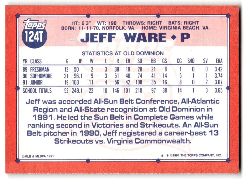 1991 Topps Traded #124T Jeff Ware Rookie | eBay