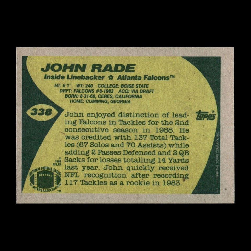 John Rade 1989 Topps Atlanta Falcons #338 Nice Vintage Set! | eBay