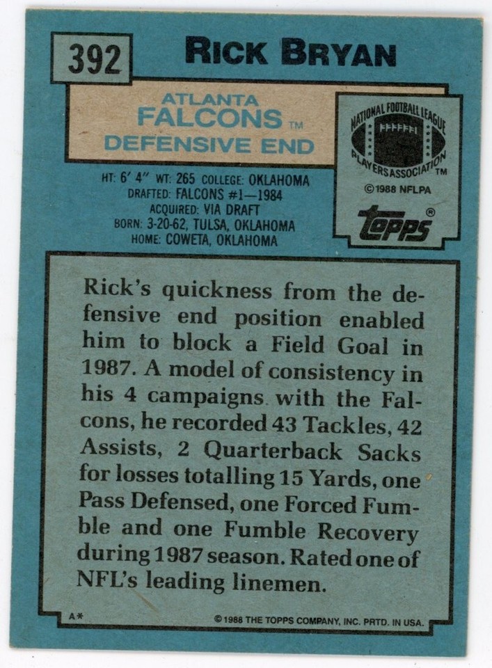 1988 Topps Football #392 Rick Bryan Atlanta Falcons | eBay
