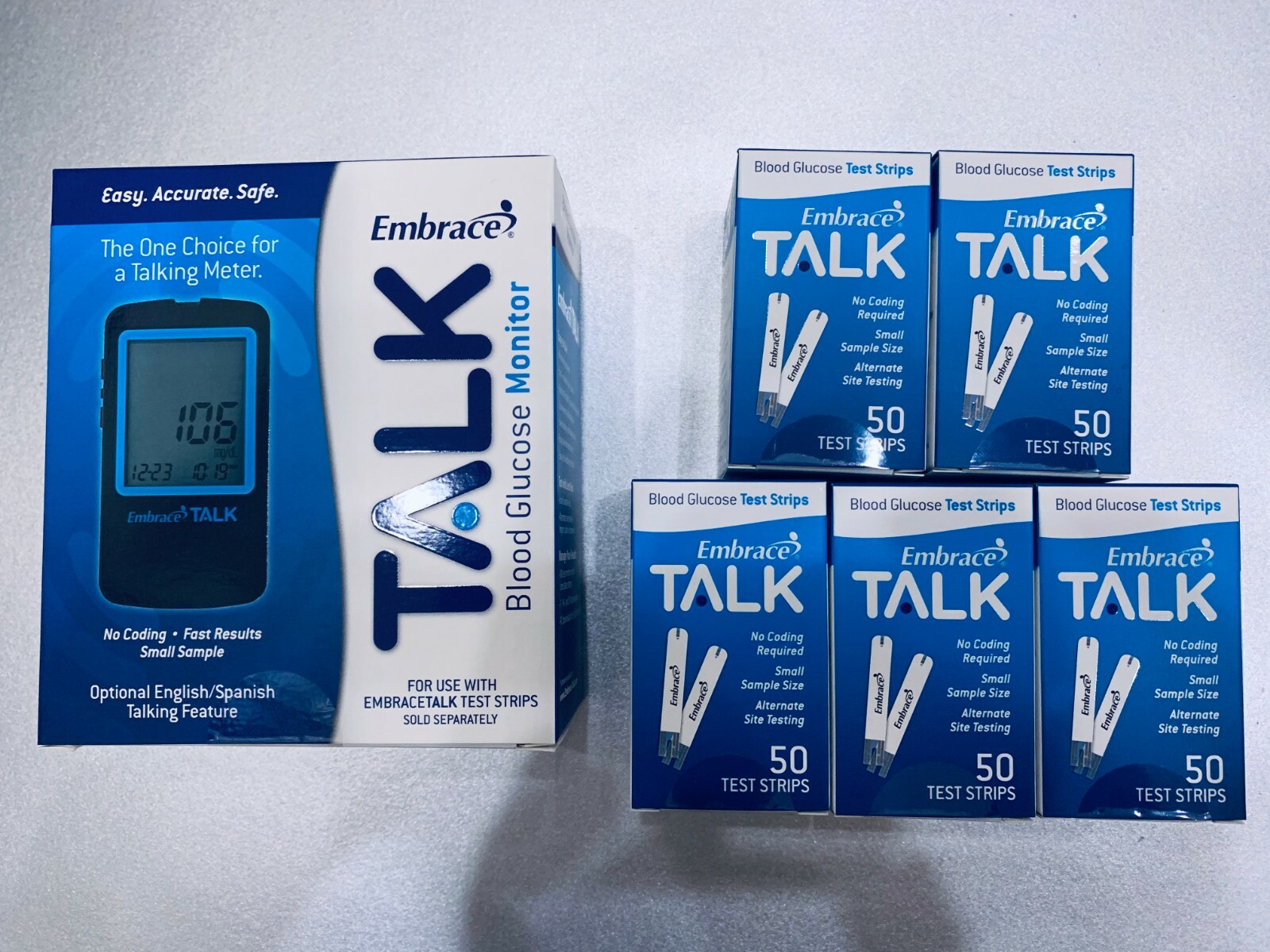 Embrace TALK Blood Glucose Test Strips 500 Qty plus Free Meter. EXP 10/ ...