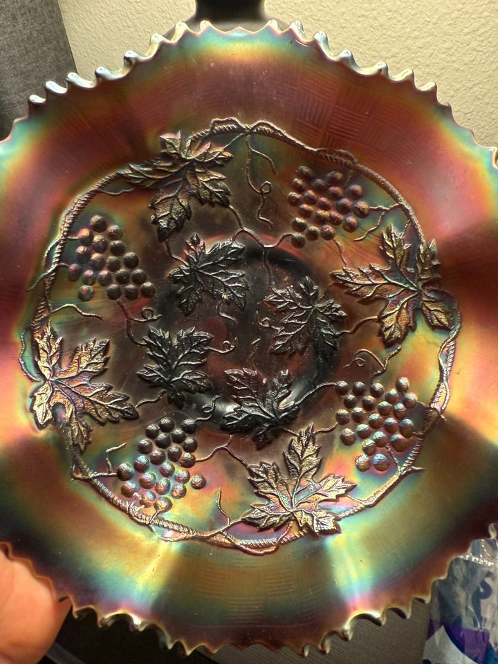 Vintage Northwood Grape and Cable Carnival Glass Stippled Bowl Ruffled ...