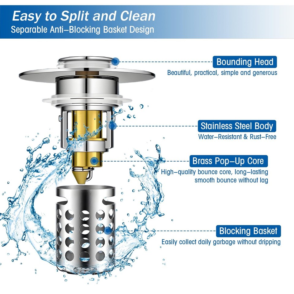 Universal Bathroom Sink Stopper, Pop Up Sink Drain Strainer Plug with ...
