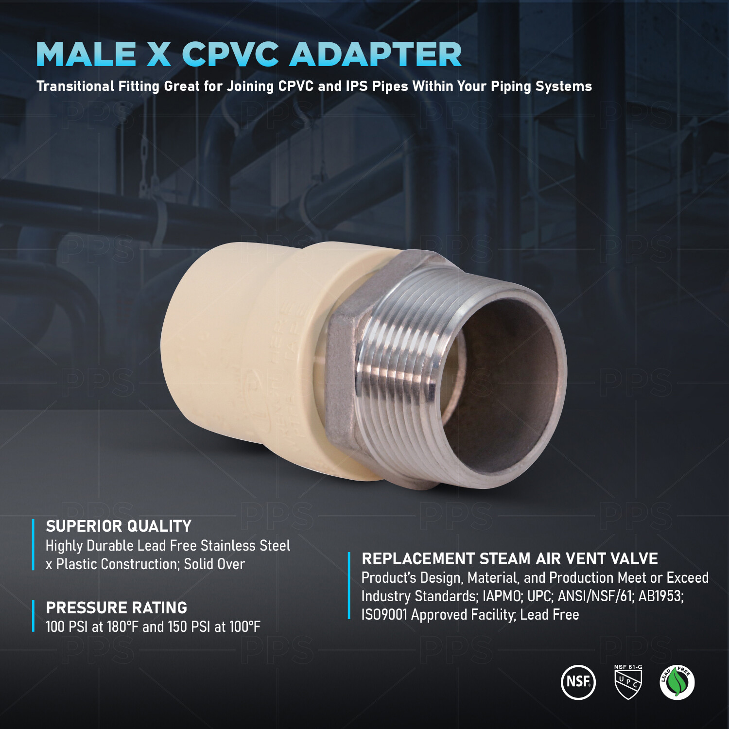 Midline Valve Male x CPVC Adapter Transition Pipe Fitting; Stainless ...