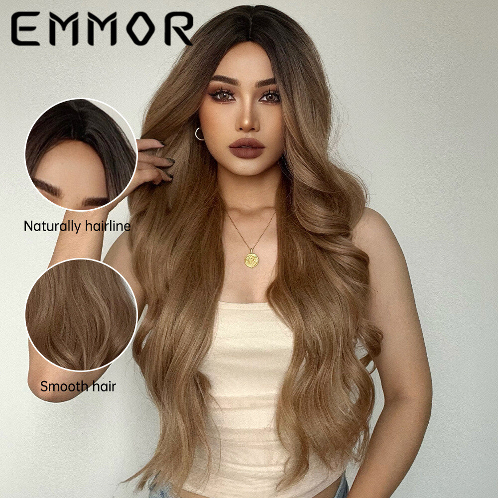 28"Synthetic Wig Wavy Middle Part Wigs Hair Women's Balayage Brown ...