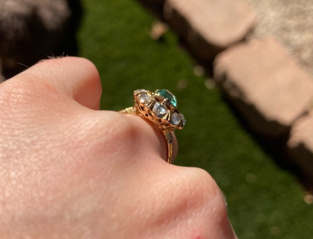 VTG 18k Gold 1ct Emerald .80 Old Mine Cut Diamond Flower Cluster ...