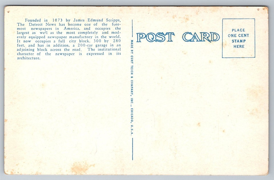 Michigan MI Detroit News Building Newspaper Plant Vintage Postcard V31 ...