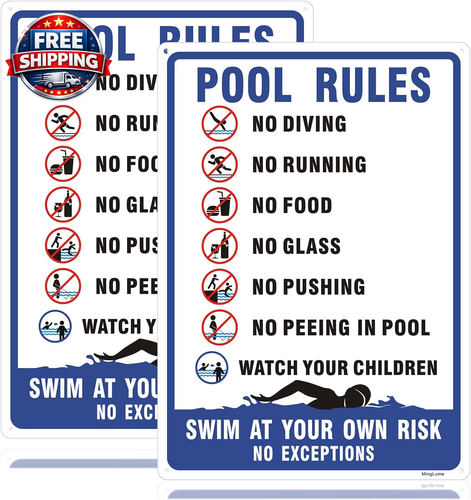 2 Pack Pool Rules Signs, No Diving No Running Swim at Your Own Risk ...