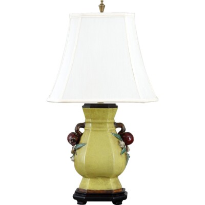 CHINESE YELLOW CERAMIC POTTERY hex shape LAMP with pomegranate handles ...
