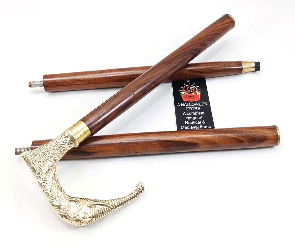 Brass Elephant Head Handle Vintage Walking Cane Victorian 3Fold Wooden ...
