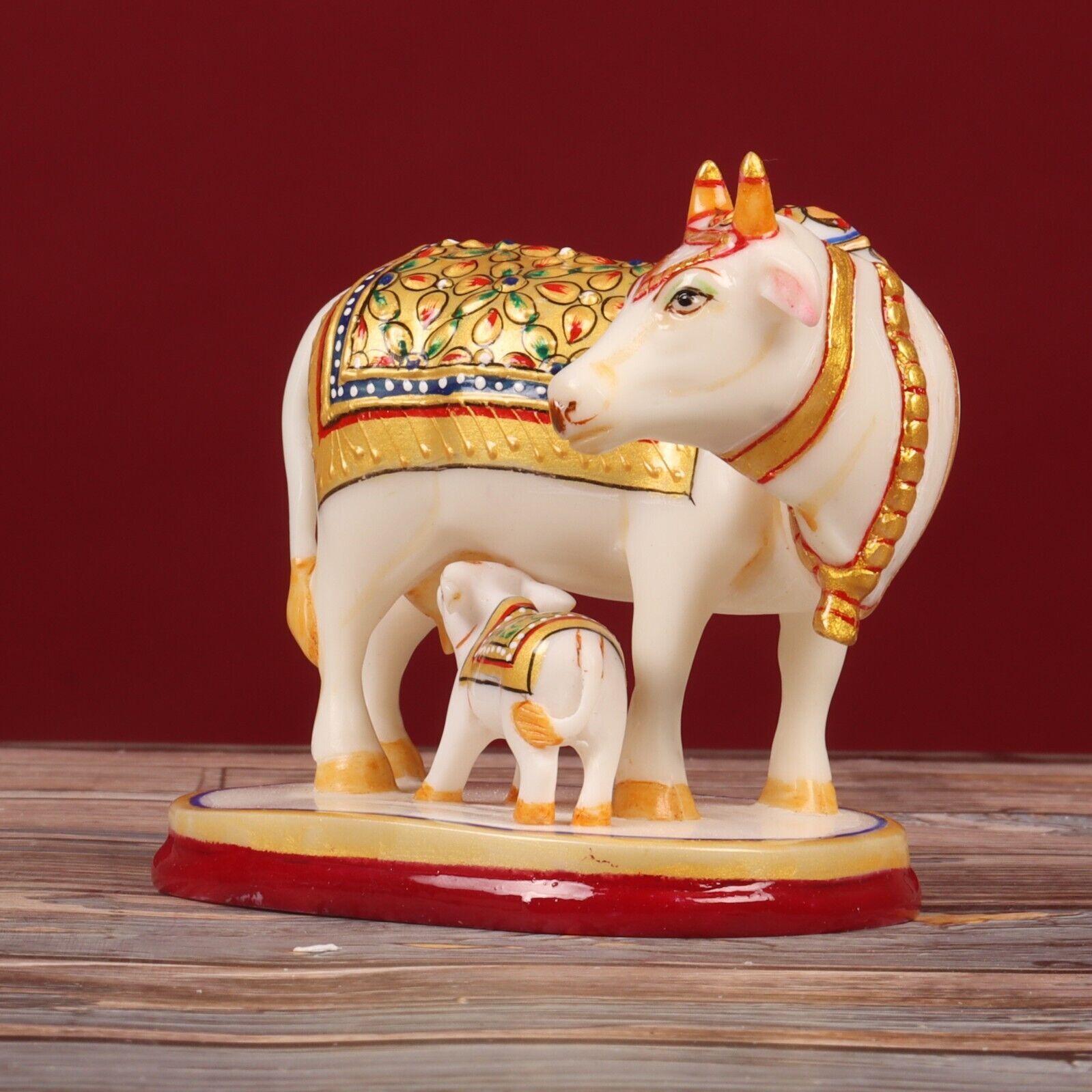 Cow Calf Culture Marble Statue 3" Kamdhenu Cow & Baby Idol Gai Bachda ...