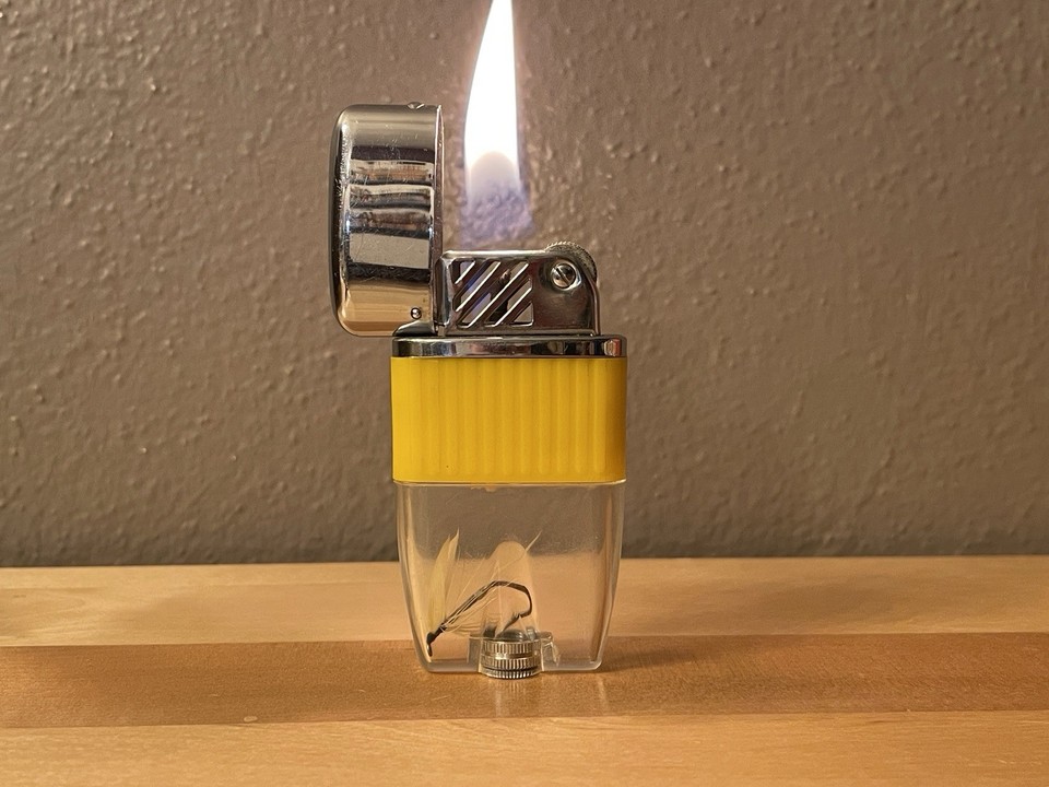Working Vintage Scripto Vu Style Clear Lighter With Fishing Lure Yellow ...