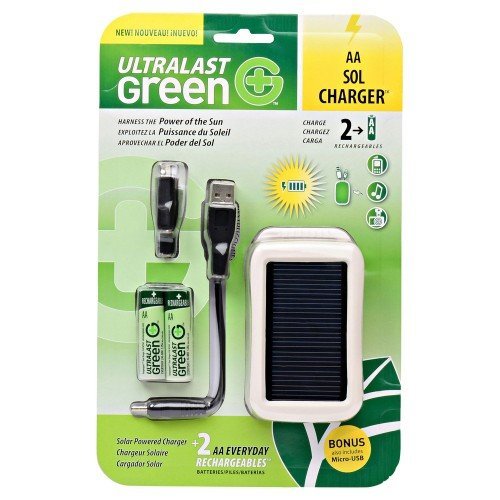 UltraLast Green Solar 2 AA/USB Charger with 2 AA Everyday Precharged ...