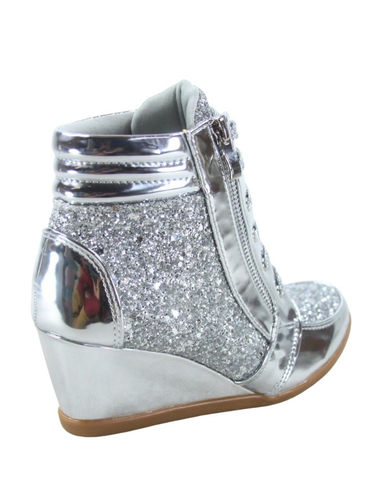 Women's Shiny Patent Glitter Ankle Wedge Lace UP Party Sneaker Booties ...
