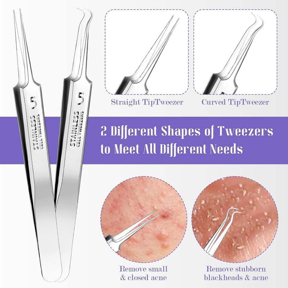 Ingrown Hair Removal Kit and Pimple Popper Tool Kit, 2 Blackhead Silver ...