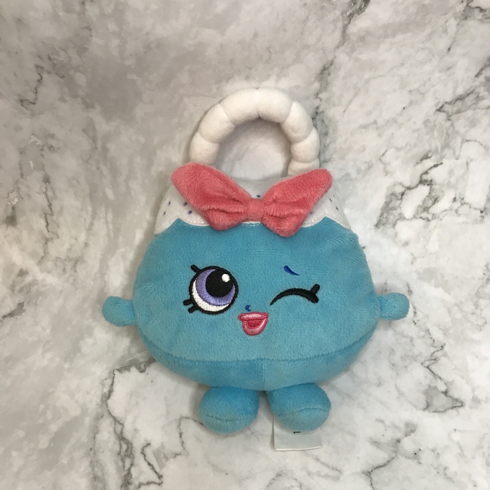 Shopkins Purse 8" Tall Plush Stuffed Blue Doll Face Handle- Pink Bow F ...