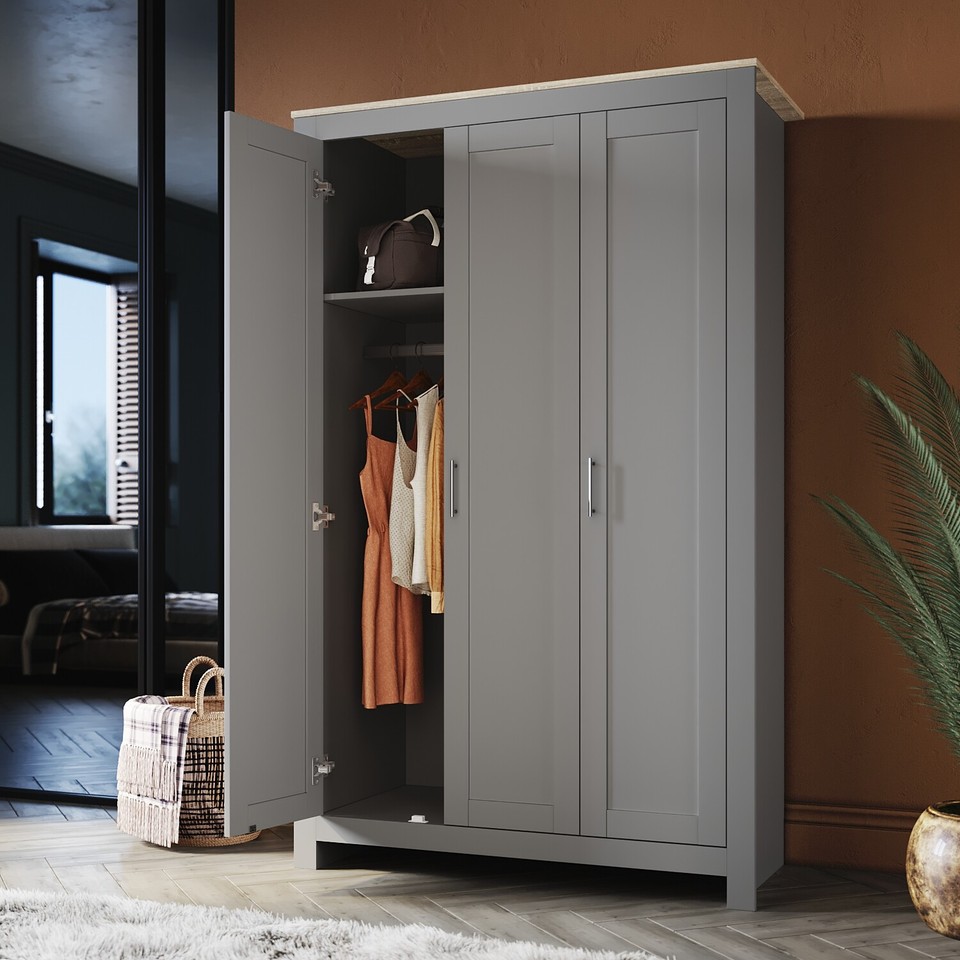3 Door Wardrobe Multi-purpose Solid Wood Classic Wardrobes Grey ...