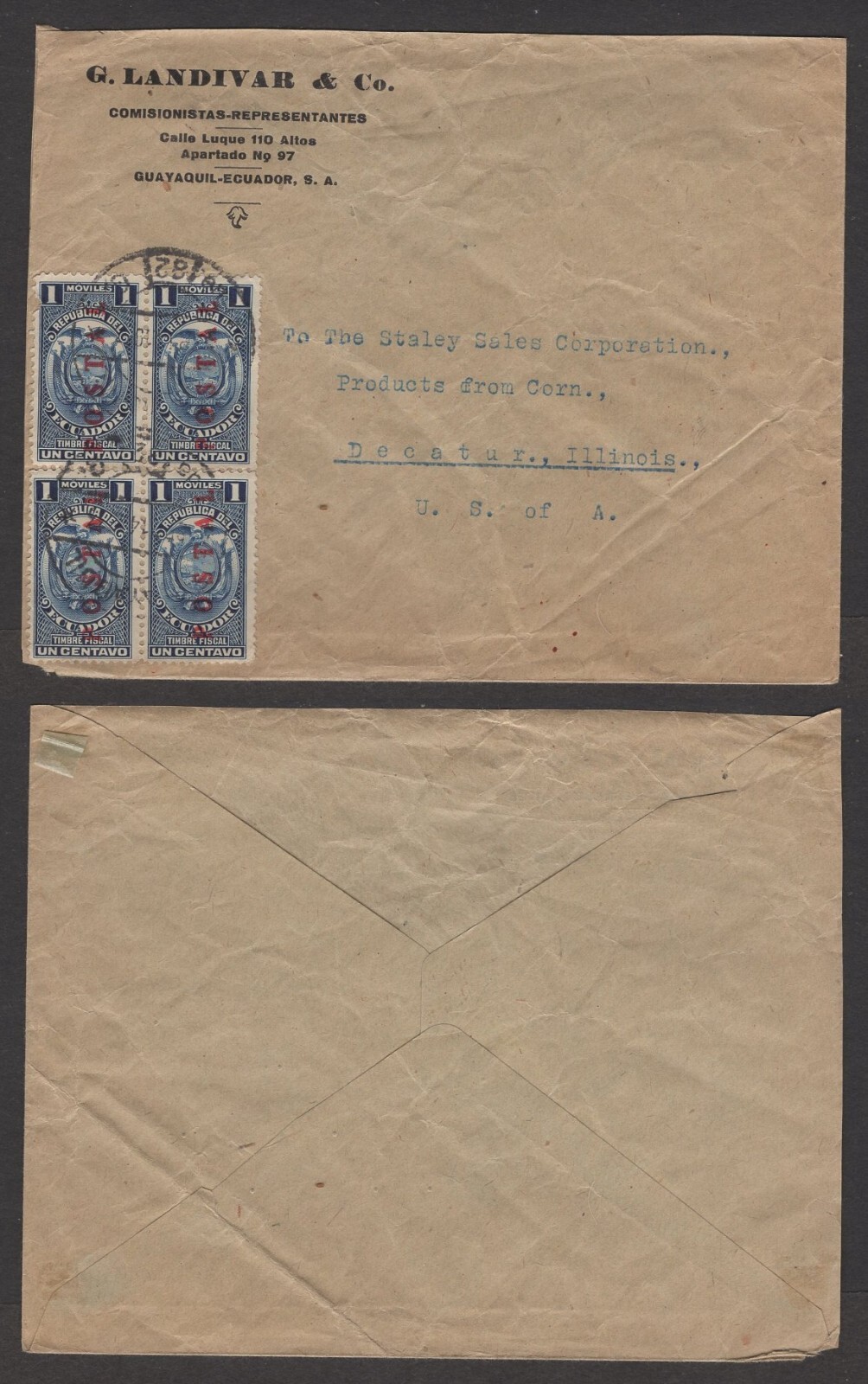 1933 Ecuador Cover – Fiscal Revenue Stamp Franking – Block of 4 | eBay