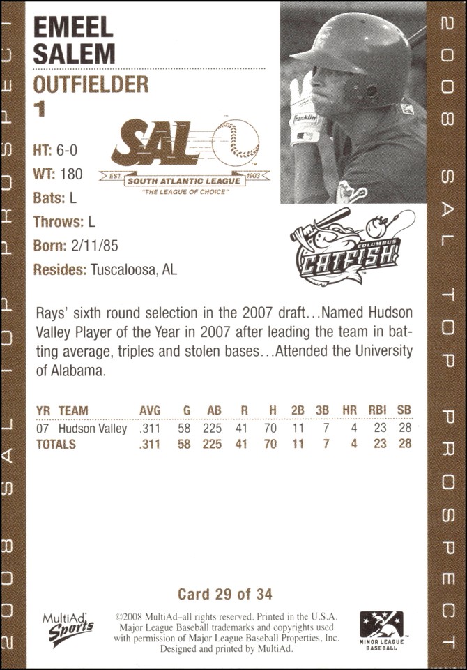 2008 MultiAd South Atlantic #29 Emeel Salem Rookie Columbus Catfish | eBay