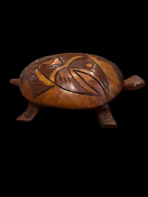 Vintage Hand Carved Wooden Turtle Tortoise w Shell Lift Off Lid Large ...