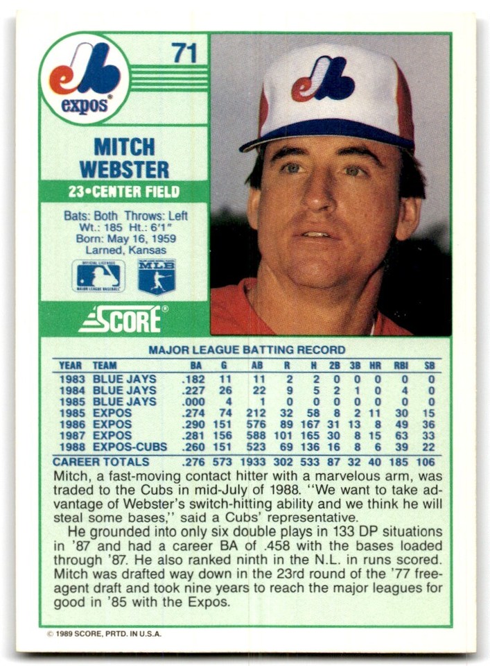 1989 Score Mitch Webster Montreal Expos #71 | eBay