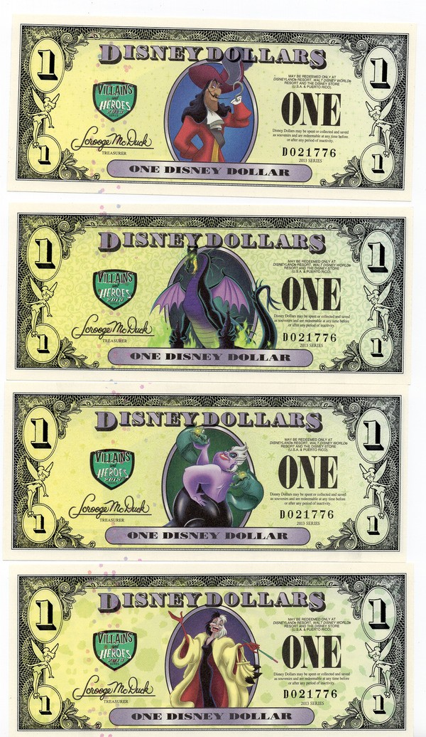 DISNEY, 2013D, SET OF 4 NOTES, SAME SERIAL NUMBER, INCLUDES ERROR, UNC ...