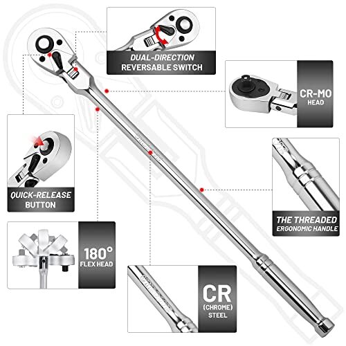 UYECOVE 1/4-Inch Drive Ratchet Flex Head Ratchet 1/4 Ratchet Long ...