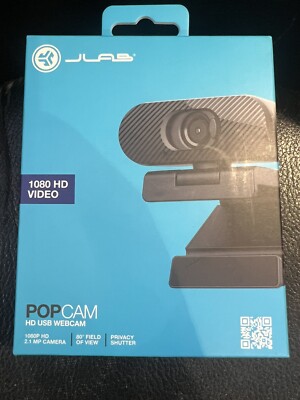 JLab Go Pop USB HD Webcam, Black, 1080p/30 FPS, 2.1 Megapixels, Privacy ...