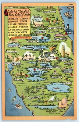 POSTCARD Florida's Most Colorful Spots Map McKee Jungle Garden ...