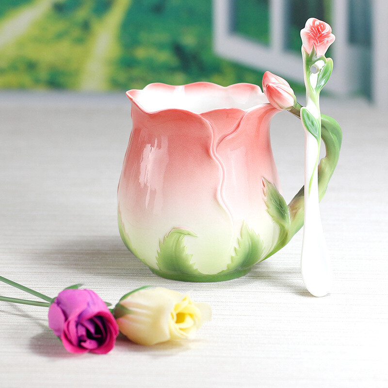 320ml Spoon Milk Mug Decorate Creativity Rose Flower Porcelain Coffee ...