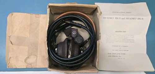 WWII US Army Air Corps S HS33 head set Im Box Papers Throat Mike Cables ...