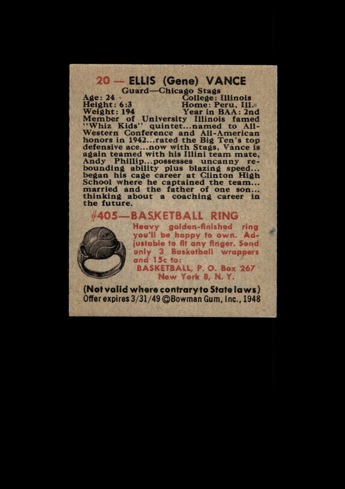 1948 Bowman Set-Break # 20 Ellis (Gene) Vance NR-MINT *GMCARDS* | eBay