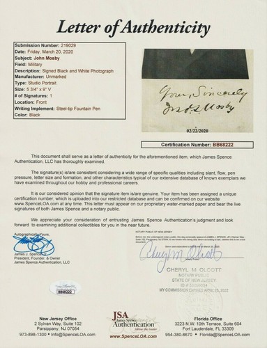 JOHN S. MOSBY "GRAY GHOST" SIGNED PHOTO CONFEDERATE CIVIL WAR COMMANDER ...