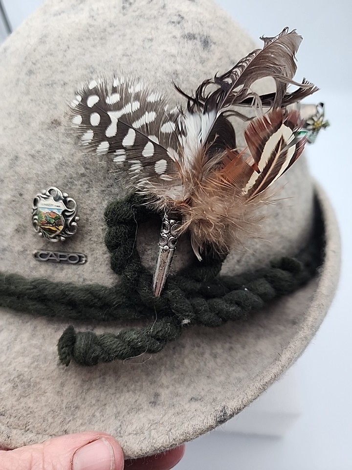VTG Capo Wool Hat Beigh Braided Feather Many Pins Austrian Waterproof ...