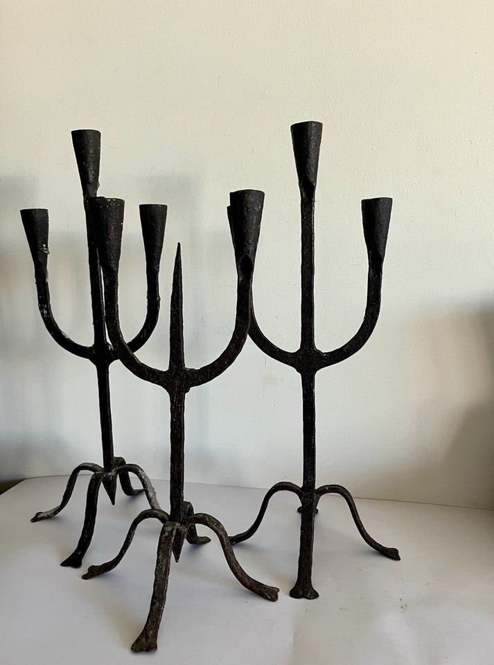 3 CANDÉLABRES FER FORGÉ HAUTE ÉPOQUE BOUGEOIR CHANDELIER MÉDIÉVAL ...