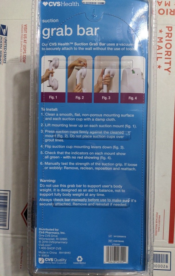 CVS Health Suction Grab Bar for Bathroom Safety White & Gray New in ...