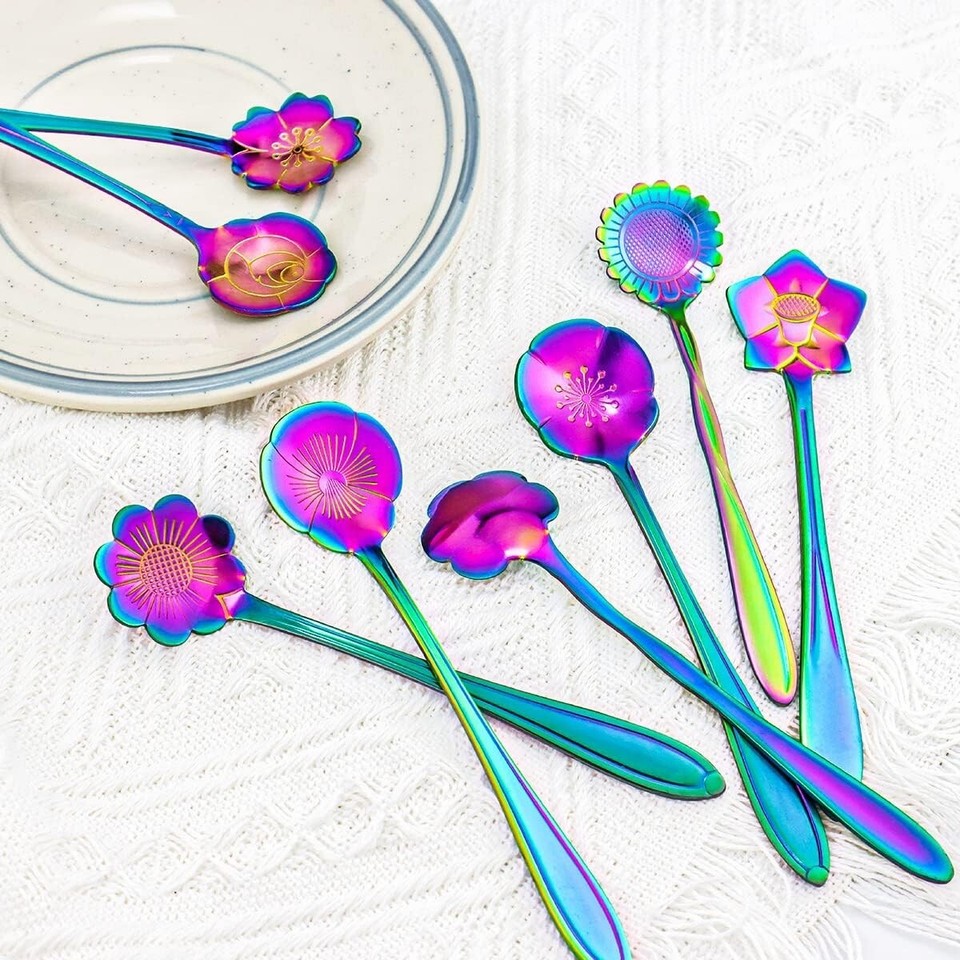8 Pcs Flower Spoon Set Rainbow Coffee Spoon Stainless Steel Stirring Spoons | eBay