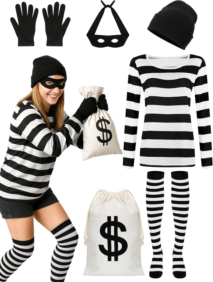 Halloween Women Robber Costume Set, Women Thief Cosplay Striped Shirt ...