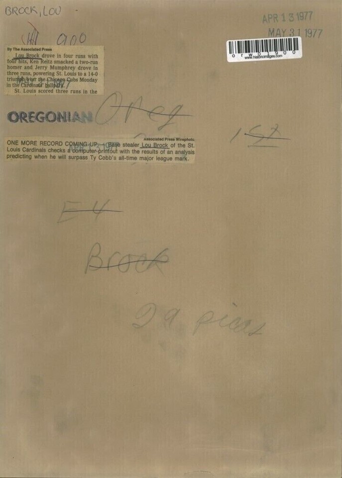 1977 Base stealer Lou Brock the St Louis Cardinals 8X11 Vintage Press ...