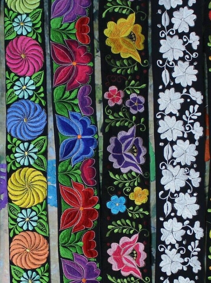 Black & Multi-Color Floral Embroidered Wide Belts Mexico Hippie Boho ...